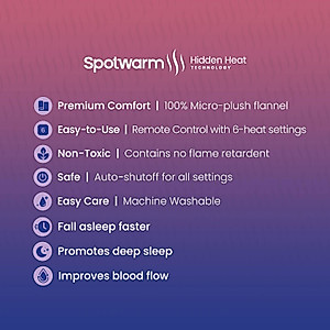 Hidden Heat Electric Foot of The Bed Warmer by SpotWarm; Wireless RF Remote, Microplush Flannel Mattress Warmer for Heated Feet. Queen Bed - 60” by 24”