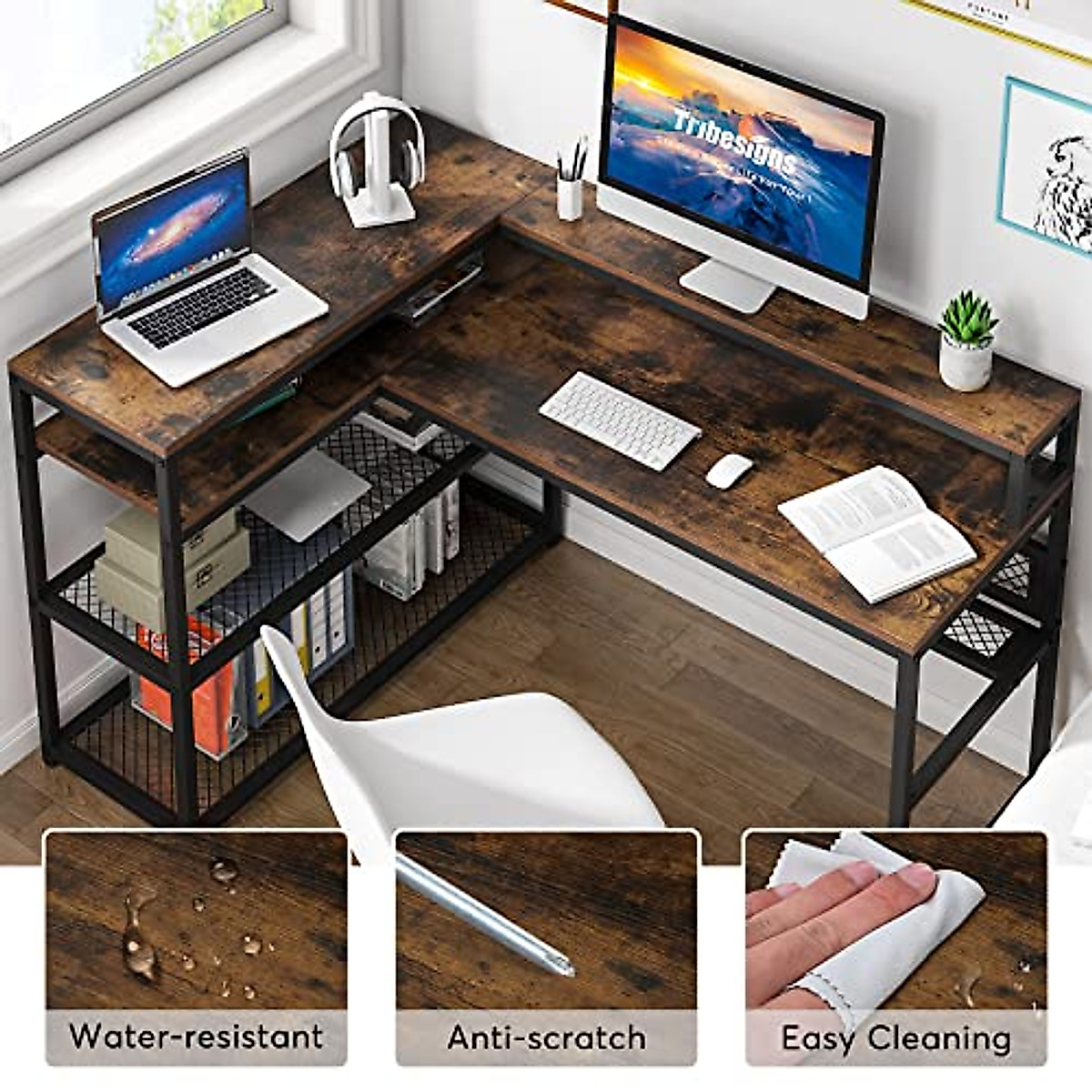 Tribesigns L-Shaped Computer Desk with Monitor Shelf Stand, L Shaped Corner Desks with Large Wood Desktop Industrial Heavy Duty Metal Frame Storage Shelves for Office Home, Rustic Brown Black