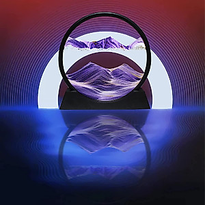 ANXUS Moving Sand Art Picture in Motion Round Glass 3D Deep Sea Sandscape Display Flowing Sand Frame, Sensory Relaxing Desktop Home Office Work Desk Decor(7", Purple)
