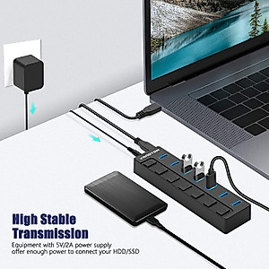 Powered USB 3.1/3.2 Hub, VANOTOM 7-Port Charging USB 3.1/3.2 Gen 2 Hub, Superspeed USB Splitter up to 10Gbps with Power Adapter and Individual On/Off Switches for PC and Laptop