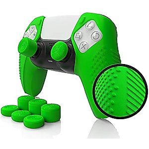 Foamy Lizard SensePro Dock Compatible PS5 Controller | Soft Flat Anti-Slip Studded Silicone Gel Grip Cover for Playstation 5 Dualsense, Rubber Protector Plus 8 Raised Thumb Grip Caps (Green)