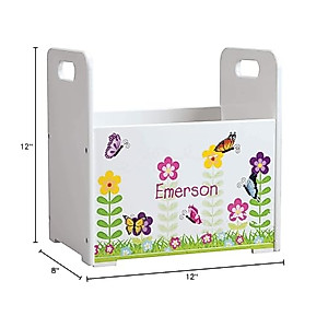 Fox Valley Traders Personalized Kids Wooden Book Caddy, Customized Children’s Book Storage Bin, Flowers and Butterflies Design