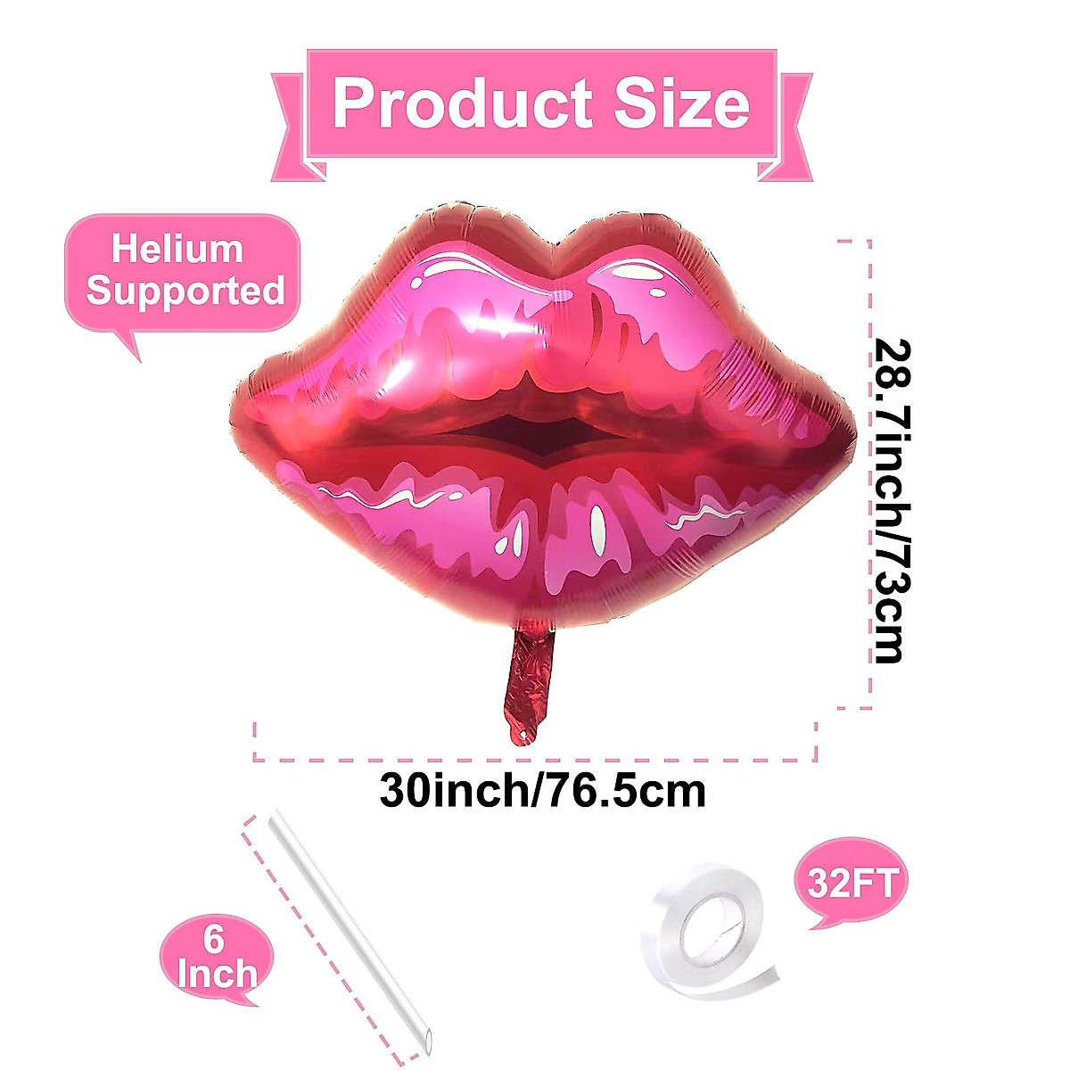 6 Pieces 27 Inches Red Kiss Lip Balloons, Large Aluminum Foil Lips Balloons for Valentine's Day Wedding Bachelorette Makeup Birthday Party Decorations