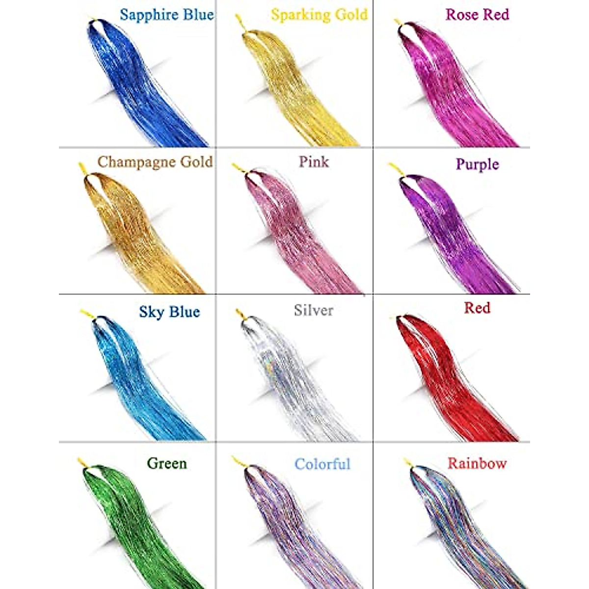 Sedfzo 47 Inch Tinsel Hair Extensions Glitter Kit - 12 Mixed Colors 2400 Strands Sparkling Shiny Hair Tinsel with Tools for Ball Party,Halloween Christmas New Year Halloween Cosplay Party