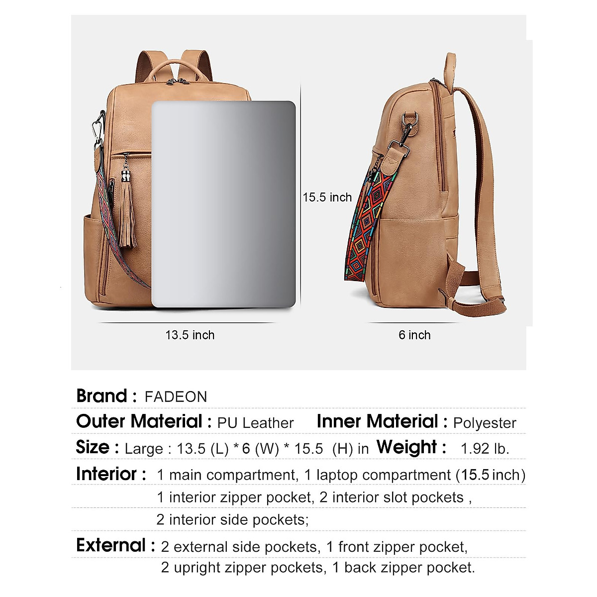 FADEON Laptop Backpack Purse for Women Large Designer PU Leather Laptop Bag, Ladies Computer Shoulder Bags