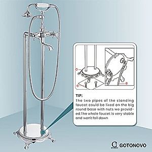 gotonovo Freestanding Bathtub Faucet Polished Chrome Floor Mount Tub Filler Double Cross Knobs Bathroom Mixing Tap with Handheld Shower Telephone Shape