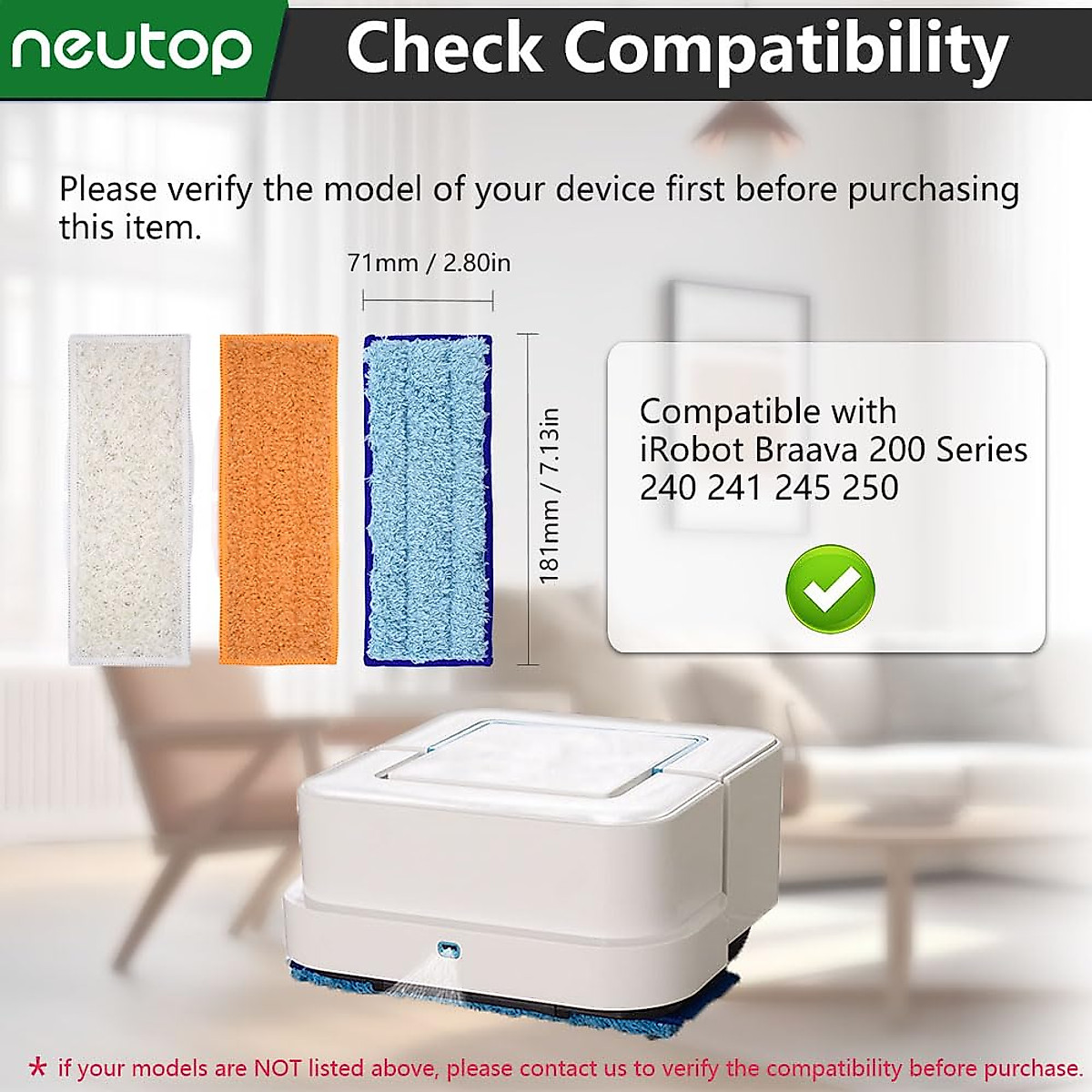 Neutop Mop Pads Compatible with iRobot Braava Jet 200 Series 240 241 244 245 250 Robot Mops, Washable and Reusable, 4 Wet 4 Dry 4 Damp.