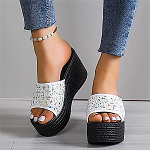 Ladies Fashion Summer Colorful Cloth Open Toe Thick Sole Slope Heel Sandals Womens Platform Sandal (White, 8)