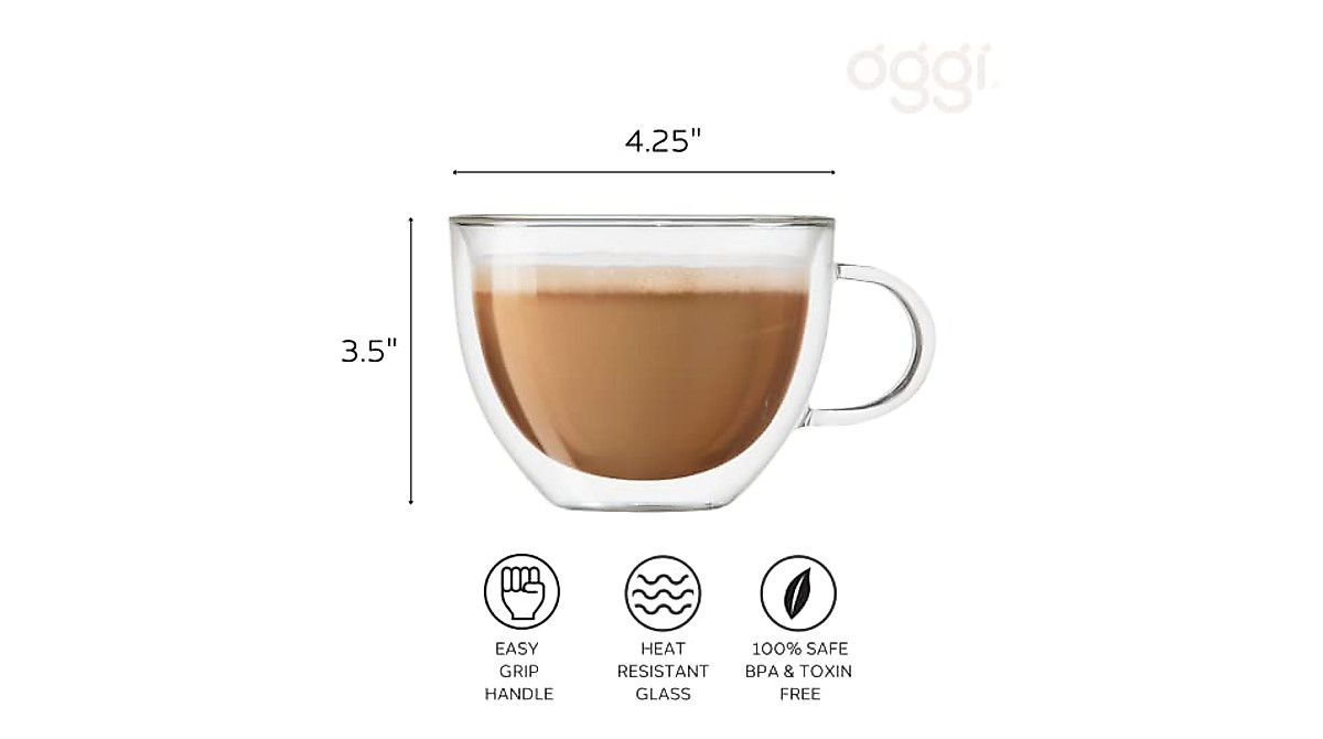 Oggi Double Wall Glass Coffee Cups - Keeps Drinks Hot & Stylish