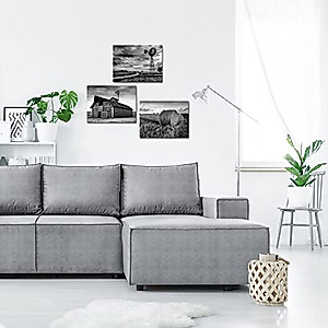 SiMiWOW Farmhouse Landscape Picture Wall Decor Countryside Windmill Barn Picture Wall Art Canvas Prints Framed 12"x16"x3 Pieces, Black and White