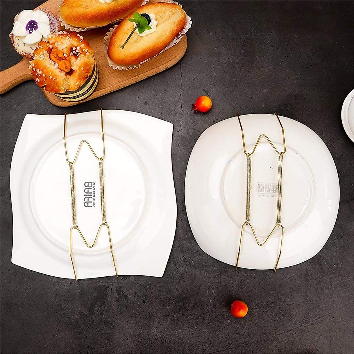 FOCCTS 10 Pack Plate Hangers, 8 Inch Wall Plate Hangers and 15 Pack Wall Hooks, Invisible Display Hanger Brass Coated Holds 7.5" to 8.8" Plates