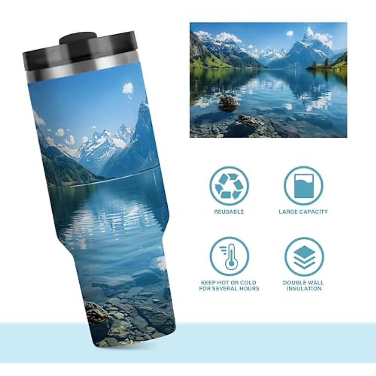 FRCSDIY Snowy Mountains and Lakes Insulated Tumbler with Handle and Straw Lid,30oz Leakproof Stainless Steel Cup BPA-Free Water Bottle