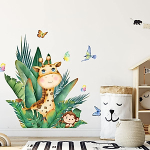 Green Plants Wall Decals Tropical Leaves Giraffe Wall Stickers Lettering Motivational Stickers for Bedroom Living Room Nursery Bathroom Classroom Playroom Home Decor (Animal)