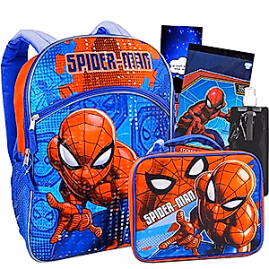 Kids Spiderman Backpack Set ~ 5 Pc Bundle with Deluxe 16 Inch Marvel School Bag, Lunchbox, Water Pouch, 200 Stickers and More (Superhero School Supplies for Boys and Girls)