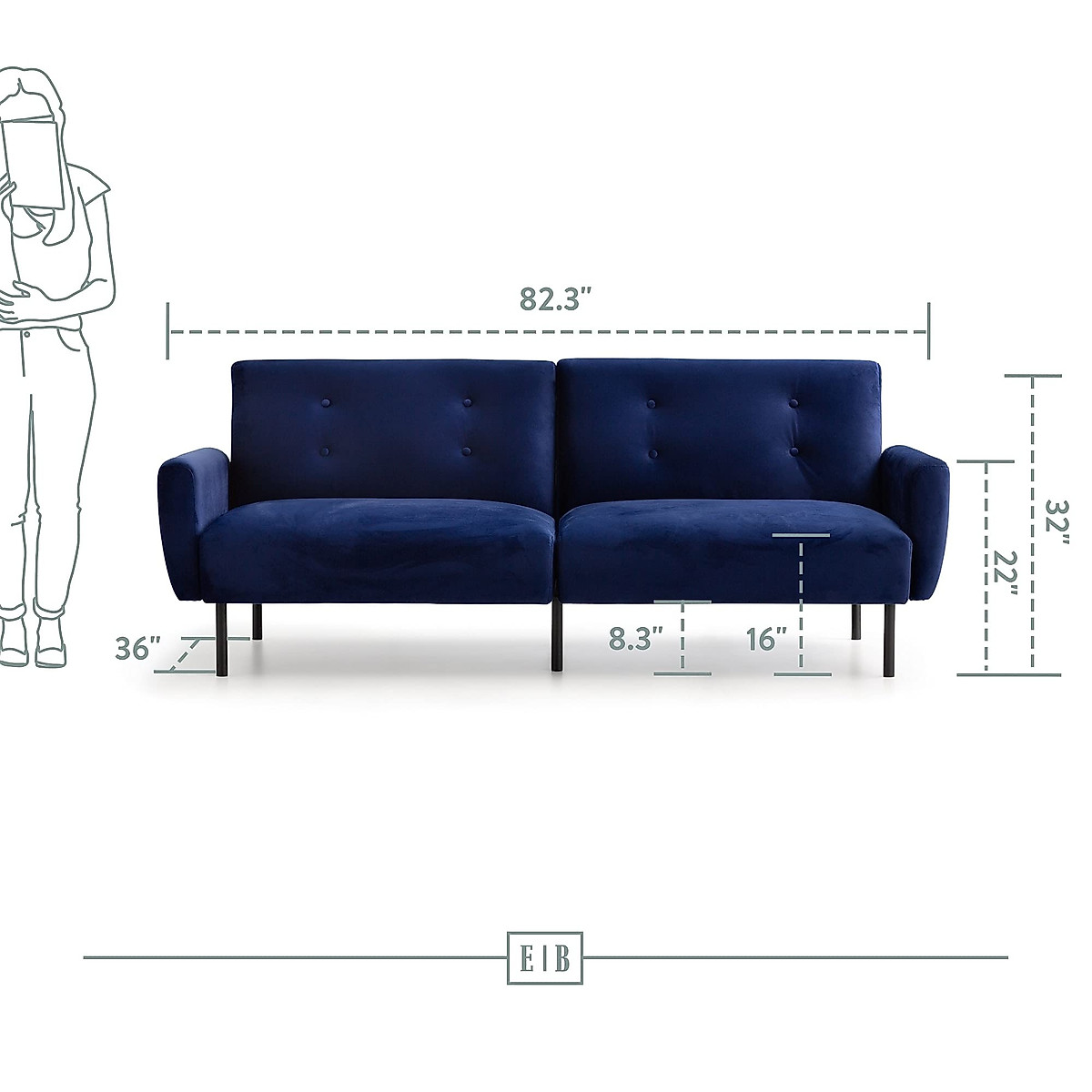 Edenbrook Gilman Futon - Futon Sofa Bed - Futon Couch - Small Futon - Living Room Furniture - Armed Sofa Bed Couch - Sleeper Sofa - Navy Blue Velvet Futon, Deluxe