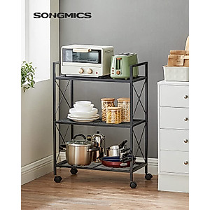 SONGMICS 3-Tier Metal Storage Rack with Wheels, Mesh Shelving Unit with X Side Frames, 23.6-Inch Width, for Entryway, Kitchen, Living Room, Bathroom, Industrial Style, Black UBSC163B01