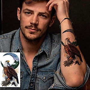 Ooopsiun 12 Large Sheets Eagle Temporary Tattoos For Men Kids, Cool Waterproof Body Fake Tattoo Sticker for Aldult 3D Eagle Large Arm Tattoos