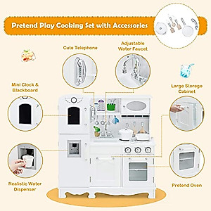 Costzon Kids Kitchen Playset, Wooden Pretend Cooking Playset w/Stove, Fridge, Microwave, Removable Sink, Water Dispenser w/Light Sound, Cabinets, Great Gift for Boys Girls