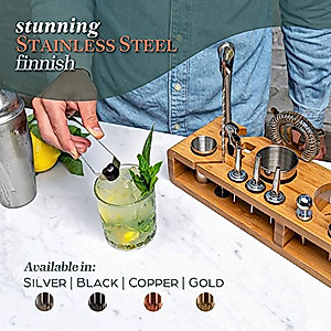 Elite Mixology Bartender Kit Cocktail Shaker Set by barillio: Drink Mixer Set with Bar Tools, Sleek Bamboo Stand, Velvet Carry Bag & Recipes Booklet