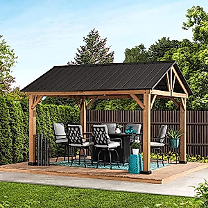 Sunjoy Wood Gazebo 11 x 13 ft. Outdoor Patio Premium Cedar Frame Gazebos with Matte Black Steel Gable Hardtop Roof for Garden, Backyard Shade, Black Roof + Natural Wood Frame