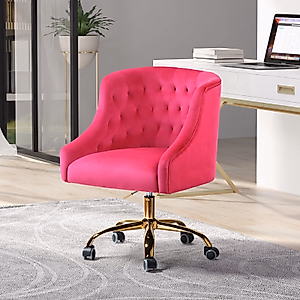 Velvet Home Office Chair with Gold Base, Comfortable Modern Cute Desk Chair, Adjustable Swivel Task Chair for Living Room Bedroom Vanity Study, Fushia
