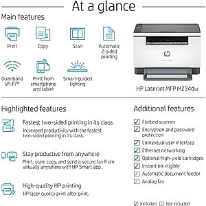 HP Laserjet MFP M234dw Wireless Monochrome All-in-One Laser Printer, Print Scan Copy,600x600 dpi, 30ppm, Auto Duplex Printing, 1.27" LCD Display, Wi-Fi, Ethernet - WULIC Printer Cable