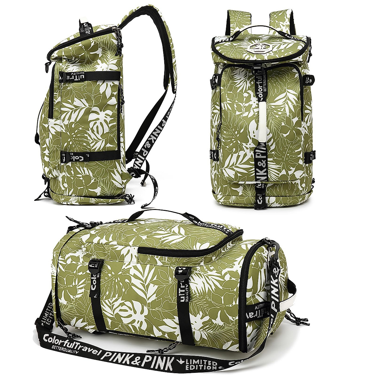 Floral gym duffel bag backpack, fashion wrestling bag,with shoe compartment, 4 kinds of back method waterproof travel sports walking laptop Lightweight (A-Floral Green)