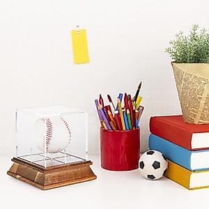 Tebery Baseball Display Case Wooden Stand, UV Protected Acrylic Cube Baseball Holder, Memorabilia Autograph Base Display Case with Clear Cover, Square Storage Stand Box, Fits Official Size Ball