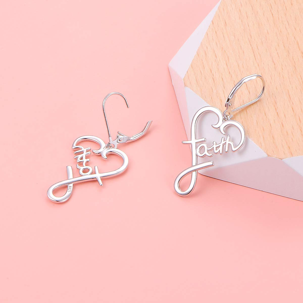 S925 Sterling Silver Word Calligraphy Jewelry Faith Inspirational Message Charm Love Heart Dangle Drop Hoop Earring for Women