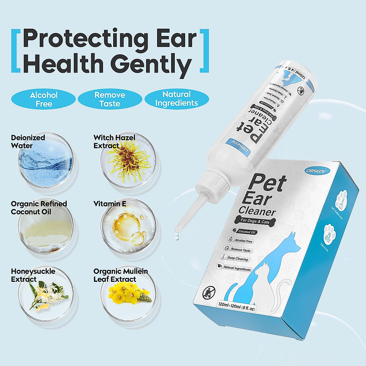 OBSEDE Dog & Cat Ear Cleaner - Dog Ear Cleaning Solution Naturally Reduce Dirt Wax Buildup Clear Ear Drops Wash Gently Soothing Odor Control Easy to Use Pet Supplies Fresh Scent, 8 oz