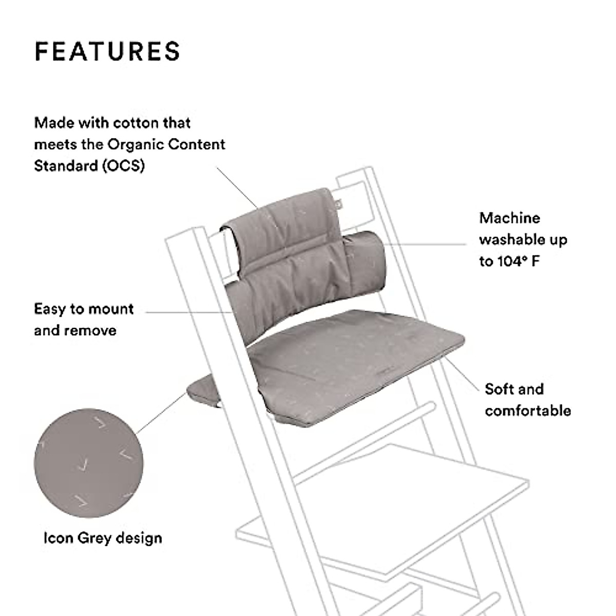 Stokke Tripp Trapp Classic Cushion, Icon Grey - Pair with Tripp Trapp Chair & High Chair for Support and Comfort - Machine Washable - Fits All Tripp Trapp Chairs