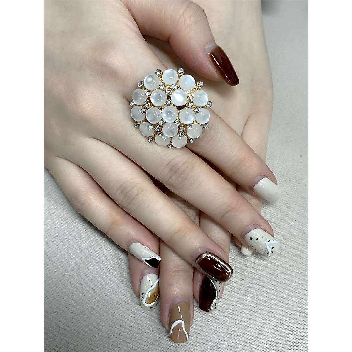 Dtja Round CZ Cat Eye Flower Statement Ring for Women Girls Gold Plated Adjustable Wedding Promise Open Finger Band Rings Comfort Fit Fashion Birthday Anniversary Valentine Jewelry Gift