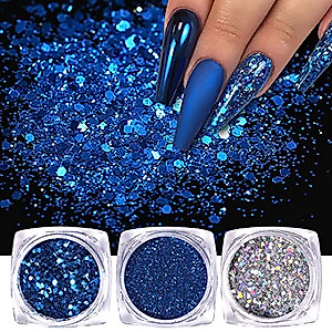 6 Boxes Holographic Nails Glitter Powder Nail Art Supplies Metallic Shining Flakes Blue Silver Nail Glitter Set for Nails Art Decoration