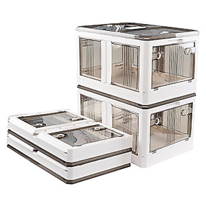 Sandmovie 4 Packs 15 Gallons Stackable Collapsible Storage Box with Wheels, Plastic Folding Box with 5 Doors