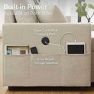 ODIKA L Shaped Convertible Sleeper Sofa Bed, 84" Sectional Couch for Living Room - Dual USB-C Charging, Pull Out Bed, Reversible Chaise with Storage & Pockets, Removable & Washable Beige Linen Covers