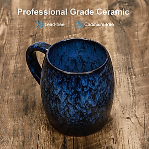 Otevymu 21 Oz Large Ceramic Coffee Mug, Handmade Pottery Big Tea Cup for Office and Home, Big Handle Hot and Cold Drinking, Microwave and Dishwasher Safe, Unique Texture Glaze (Deep blue)