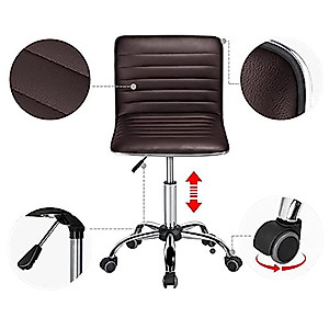 Topeakmart Armless Office Chair Task Chair Leather Ribbered Modern Desk Chair Adjustable Low-Back Swivel Chair w/Rolling Wheels Accent Comfy Working Chair Makeup Chair, Brown