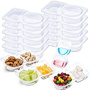 Blushtier 50 Pcs 5 oz Double Compartment Snack Containers with Lids Clear 2 Compartment Small Disposable Plastic Snack Containers for Sauce Salad Travel Sampling