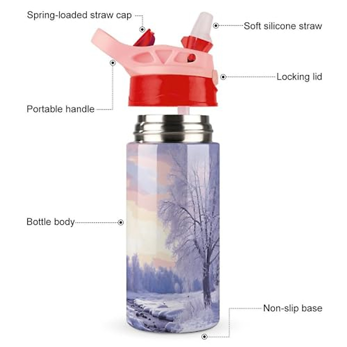 Stainless Steel Water Bottles Winter Landscape Travel Water Cups with Handle And Silicone Straw Drinking Cup with Leak Proof Lid Thermo Travel Mug for Women Men