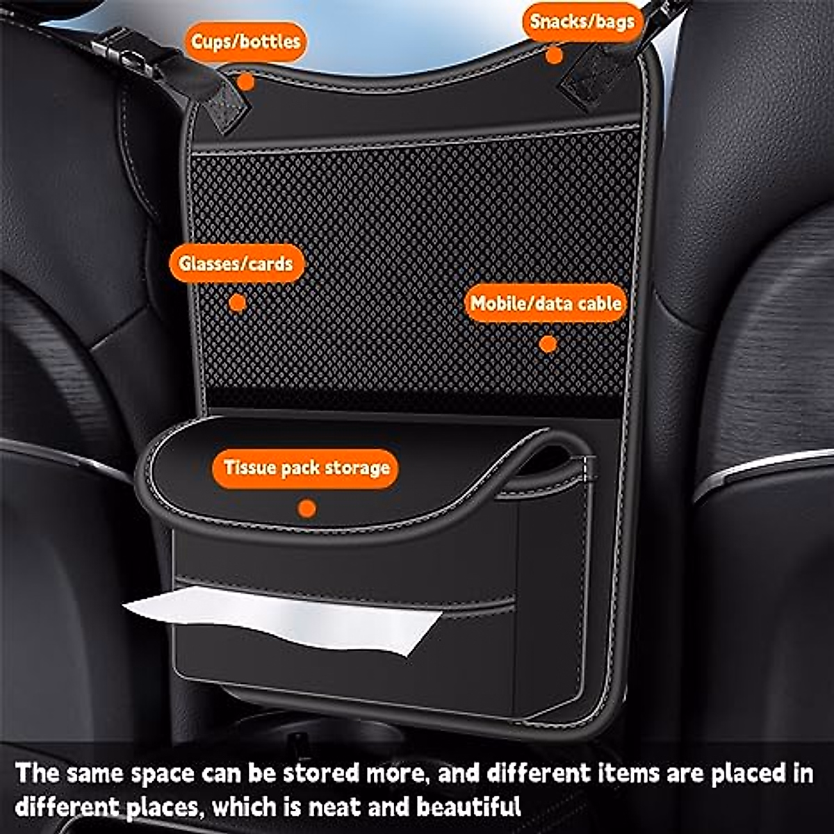 BESULEN Car Handbag Holder Between Seats, Dog Pet Kid Barrier Road Trip Essentials, Large Capacity Net Pocket Purse Holder Storage Bag, Hanging Multi-Pocket Automotive Consoles Organizer