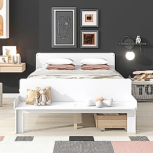 LostCat Full Bed with Storage, Full Bed Frames with 2 Drawers, Full Storage Bed Frame with Footboard Bench & Headboard, Full Bed for Kids, Kids Bed with Storage Drawers, No Box Spring Needed, White