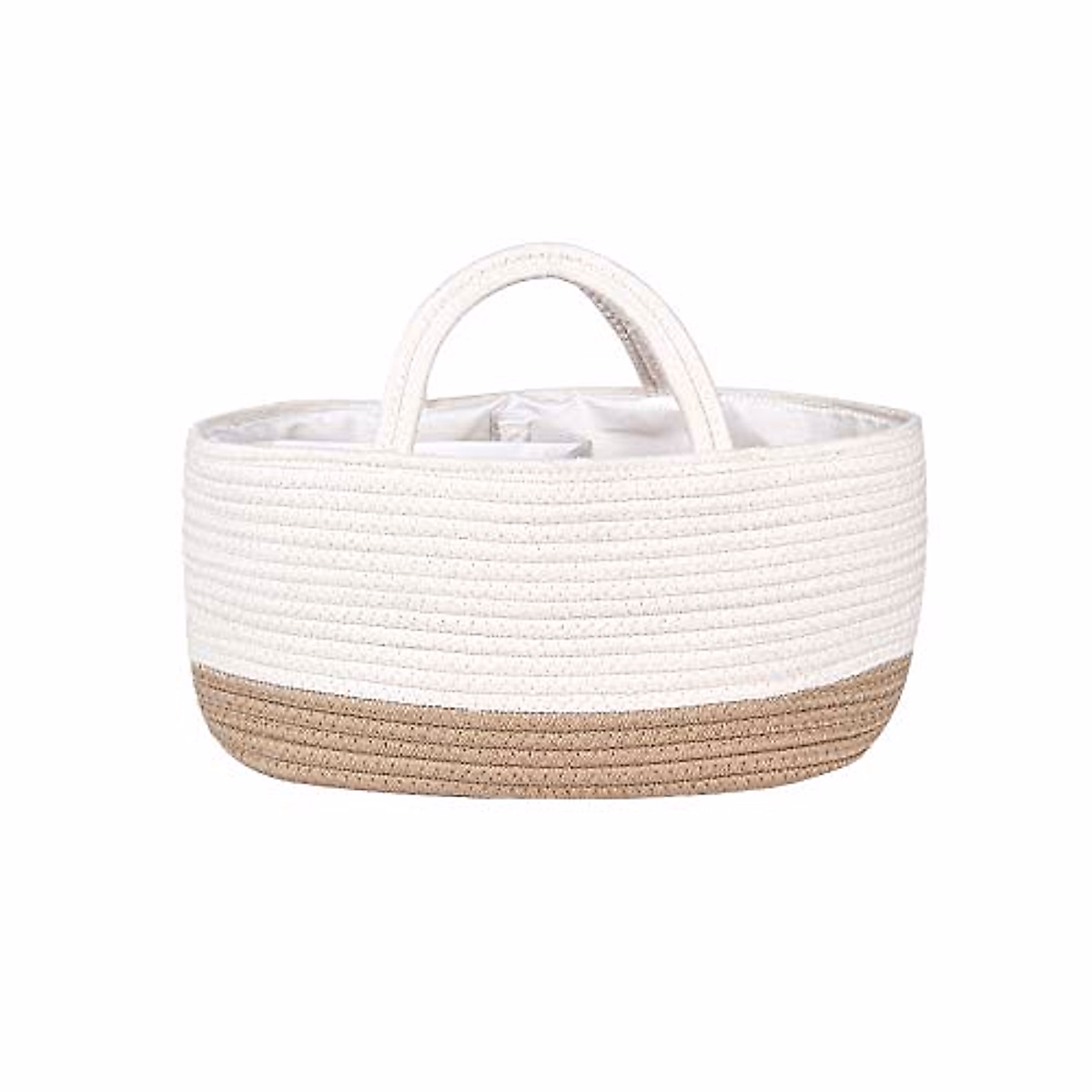 Mila Millie Baby Large Cotton Rope Diaper Caddy | Organizer Storage Bin for Nursery Essentials | Portable Bag for Changing Table and Car | 100% Natural Cotton | Eco friendly (White & Biege) 15.5x10x7 Inch (Pack of 1)