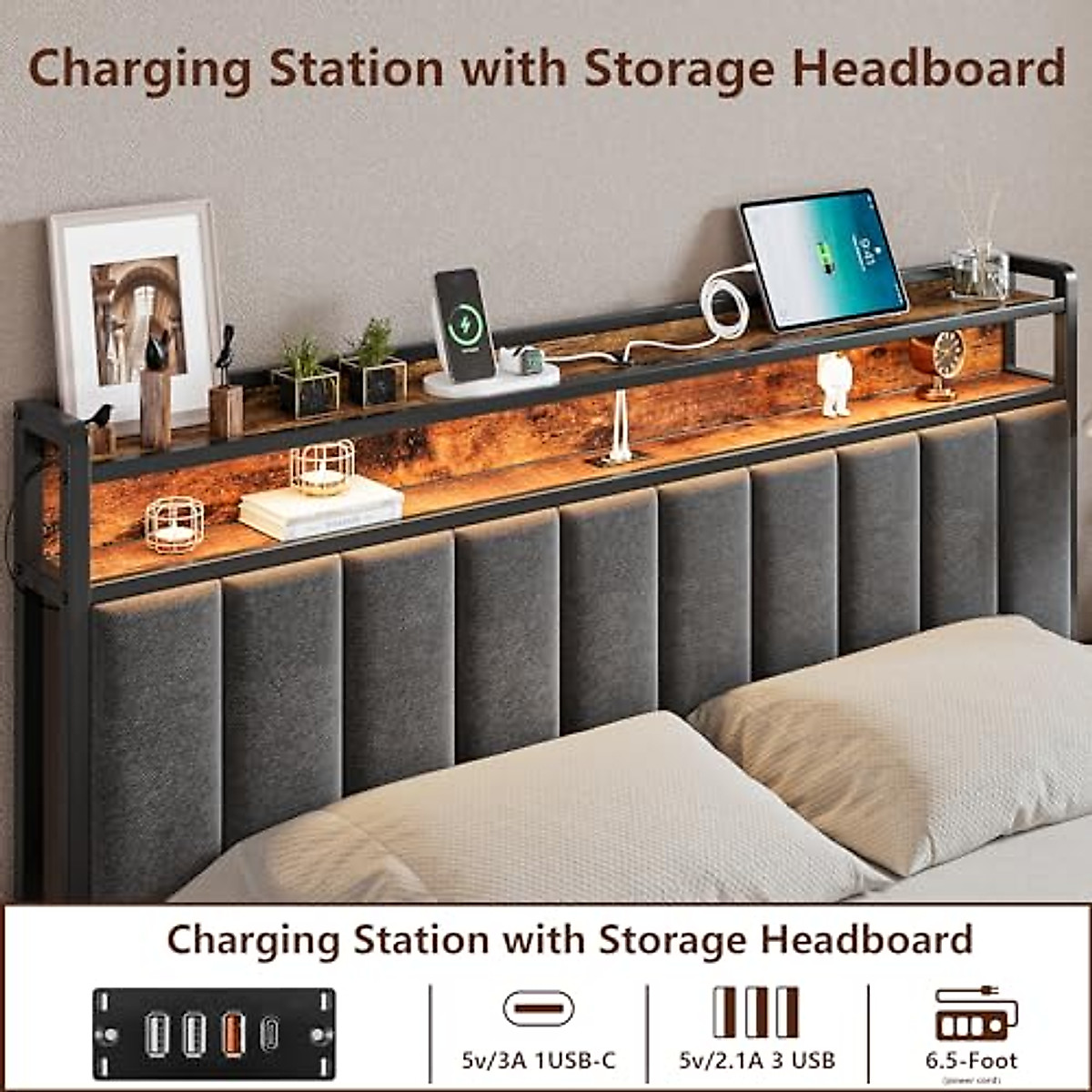 MEIJUJIA Queen Bed Frame with 2 Storage Drawers and LED Lights Headboard, Upholstered Bed Frame Queen Size with Charging Station, No Box Spring Needed, Easy Assembly - Grey