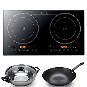 Dual Electric Induction Cooker, 110V 1200w Portable Digital Countertop Double Burner Cooktop Burner Sensor Touch Stove with 8 Gear Firepower, Double Induction Cooktop Cooker Fit for Iron Pot