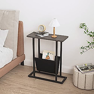 Yusong Small Narrow Side Table for Small Spaces, Slim End Table Magazine Table Nightstand with Storage Holder, Accent Skinny Snack Couch Bedside Table, Grey