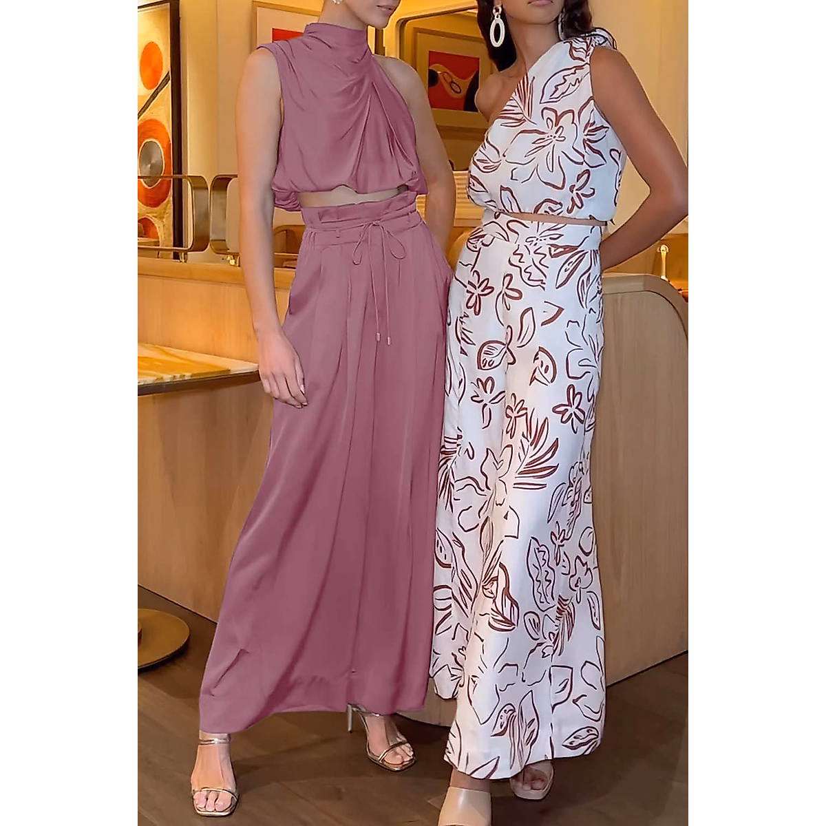 PRETTYGARDEN Women's 2 Piece Outfits 2025 Summer Casual Sleeveless Mock Neck Crop Tops Wide Leg Pants Set (Pink,X-Large)