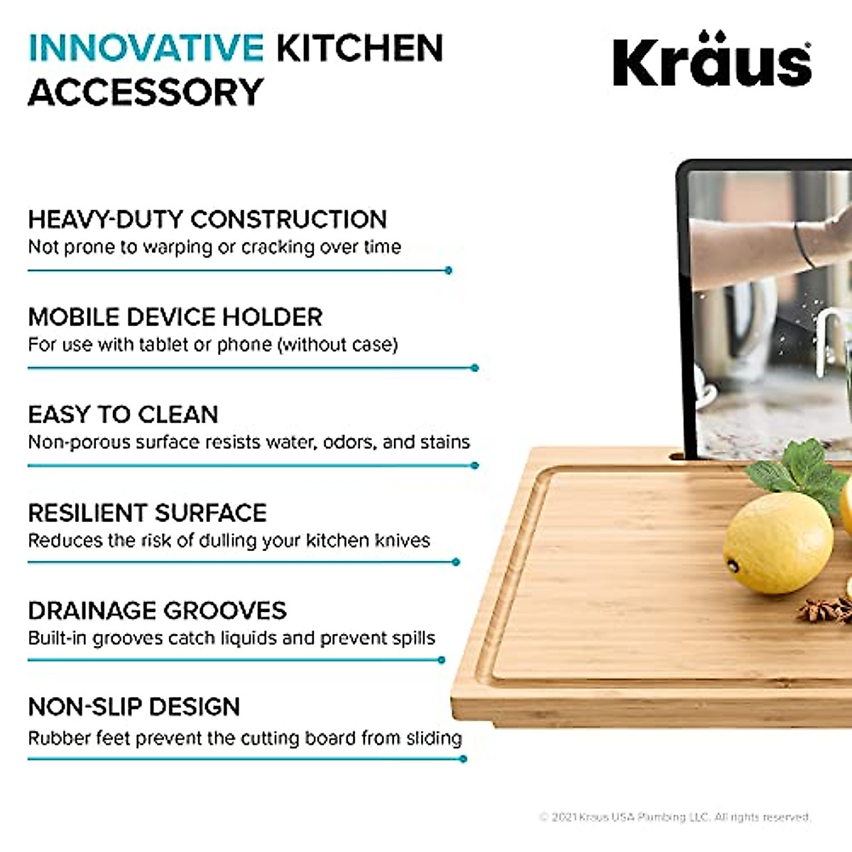 Kraus Solid Bamboo Cutting Board with Mobile Device Holder for Standard Kitchen Sink or Countertop (19 1/2 in. x 12 in.), KCBT-103BB