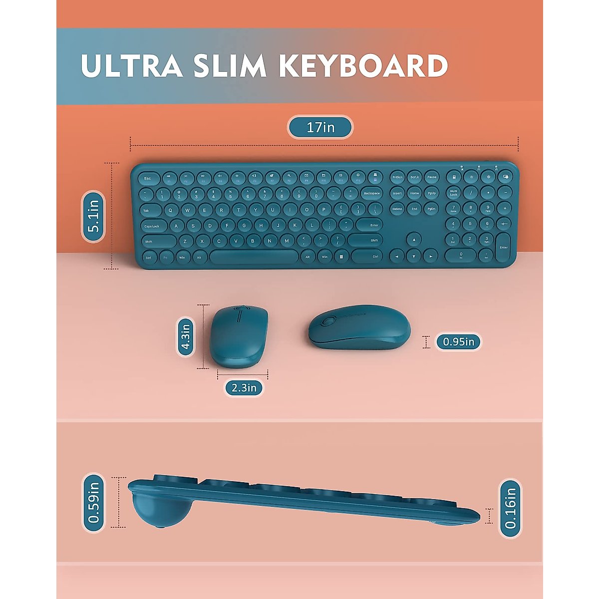 Wireless Keyboard and Mouse, Vssoplor 2.4GHz Ultra Slim Wireless Mouse Keyboard Combo with Round Keycaps for Windows, Laptop, PC, Computer (Sapphire Blue)