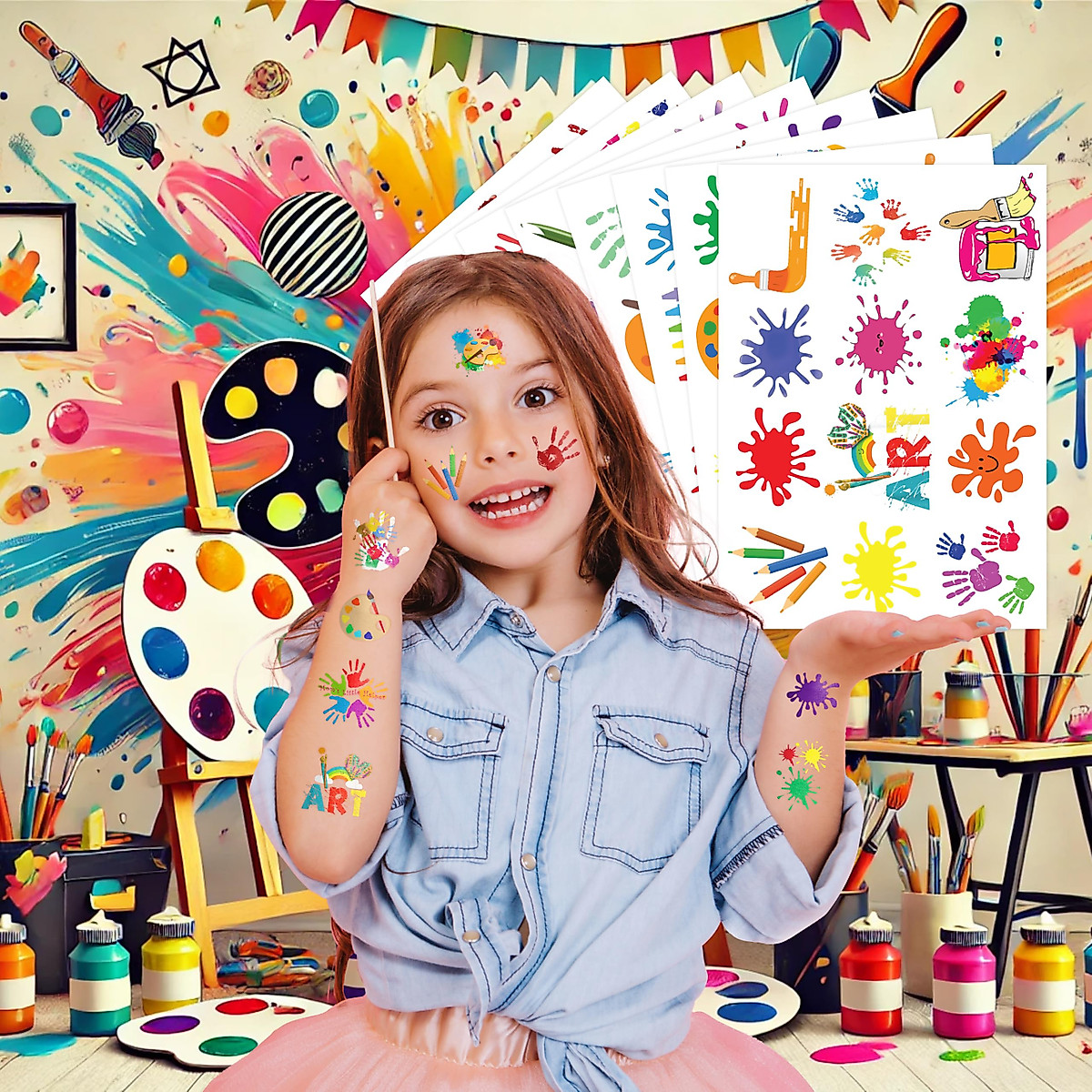 Art Temporary Tattoo Birthday Party Decorations Favors 8 Sheets (96PCS) Tattoos Stickers Cute Party Supplies Kids Girls Boys Gifts Classroom School Prizes Themed