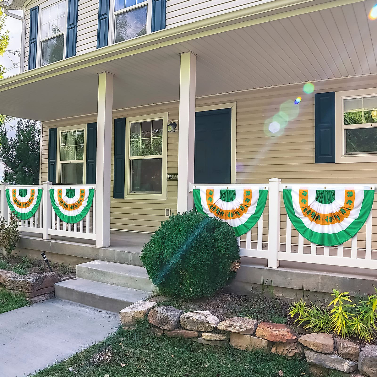 8 Pcs Shamrock Outdoor Flag St Patrick Banner Flag 3 x 1.5 Feet Irish Flag Bunting Half Fan Ireland Shamrock Flag Printed Polyester Pleated Fan Flag with Grommet for Indoor Outdoor Decorations